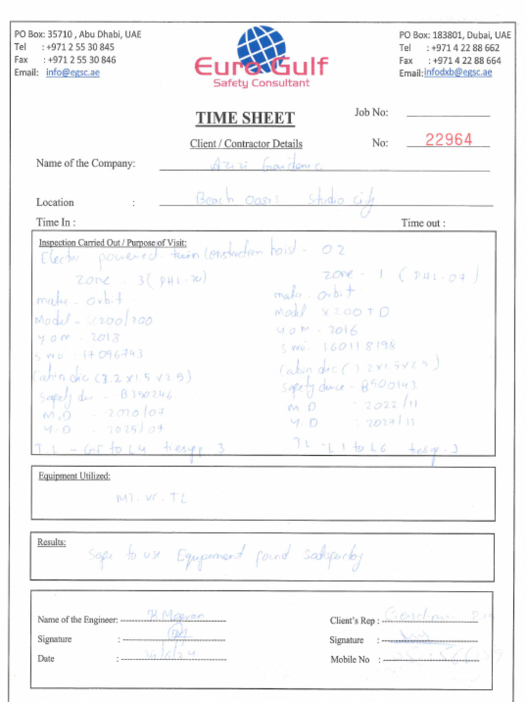 Euro Gulf 22964 Passenger Hoist Phl-20 Phl-07 Timesheet | PDF