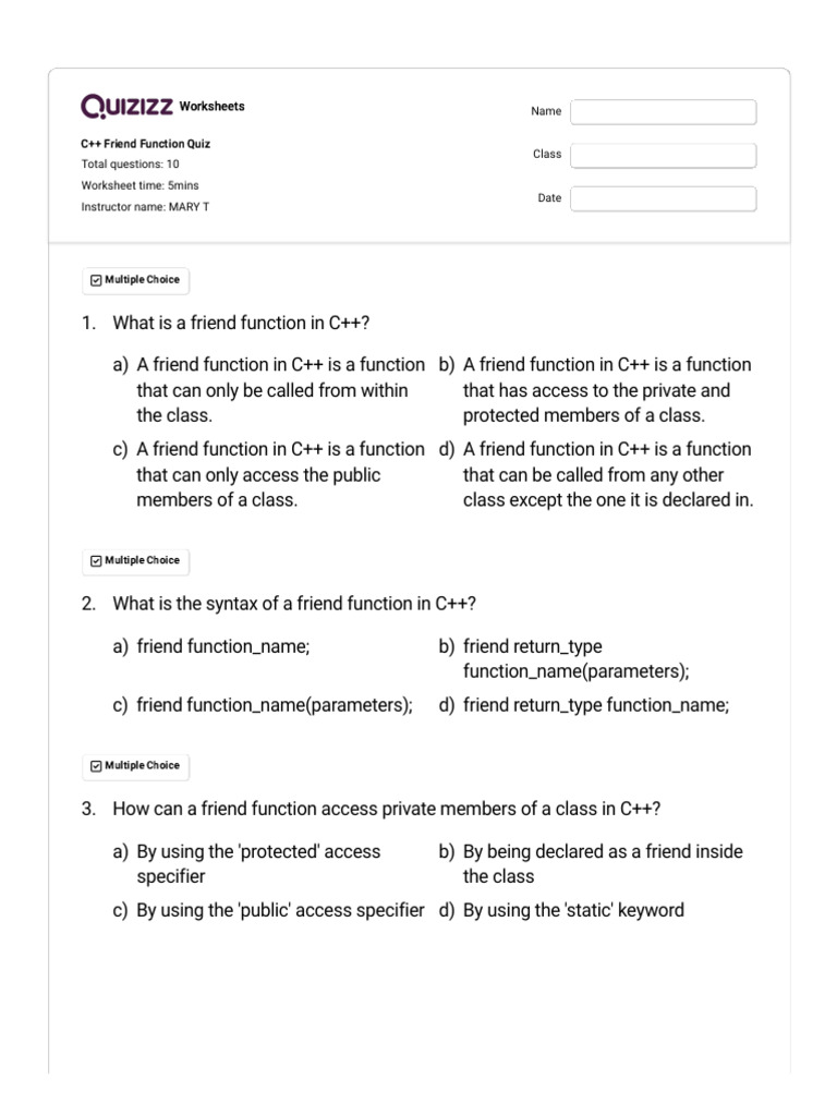 C++ Friend Function Quiz - Quizizz | PDF | C++ | Class (Computer ...