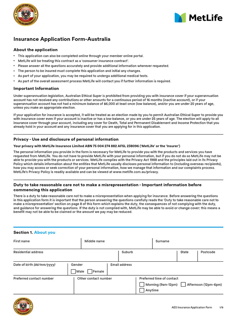 Australian Insurance Application Form | PDF | Insurance | Misrepresentation