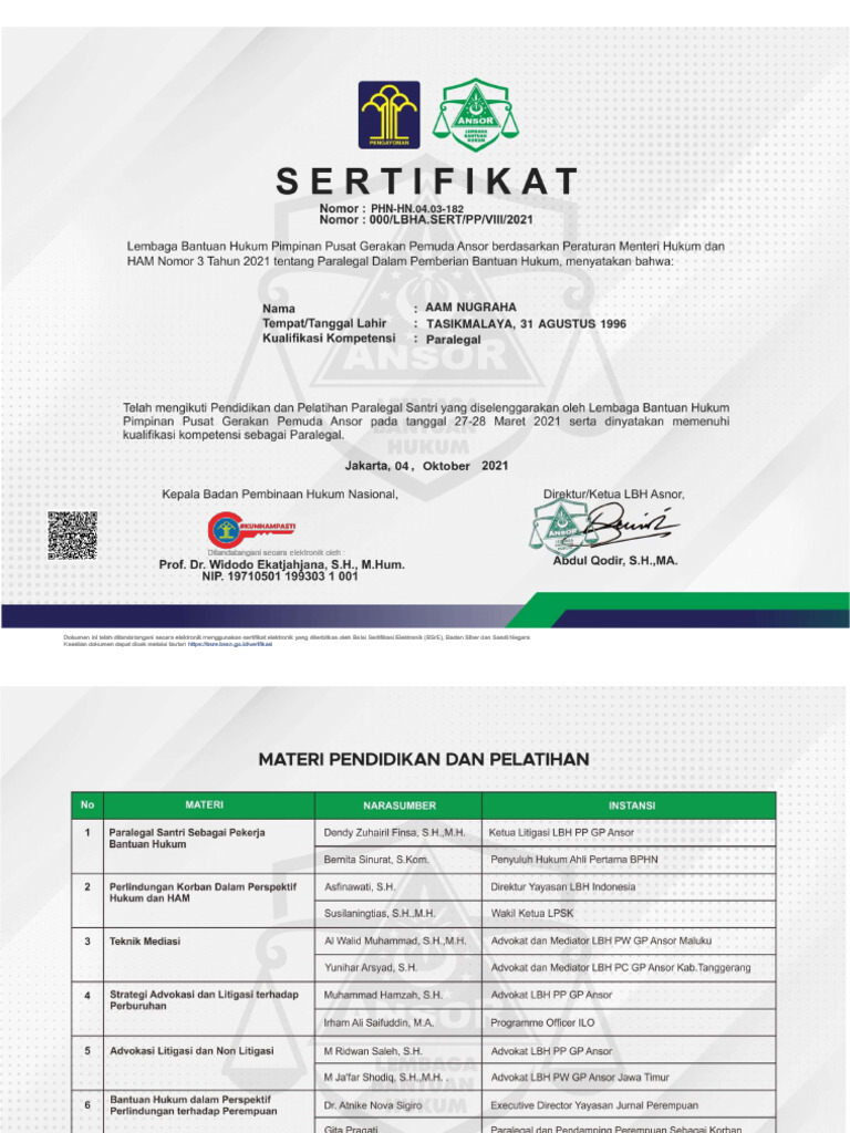 Sertifikat Pendidikan Dan Pelatihan Paralegal LBH Ansor | PDF
