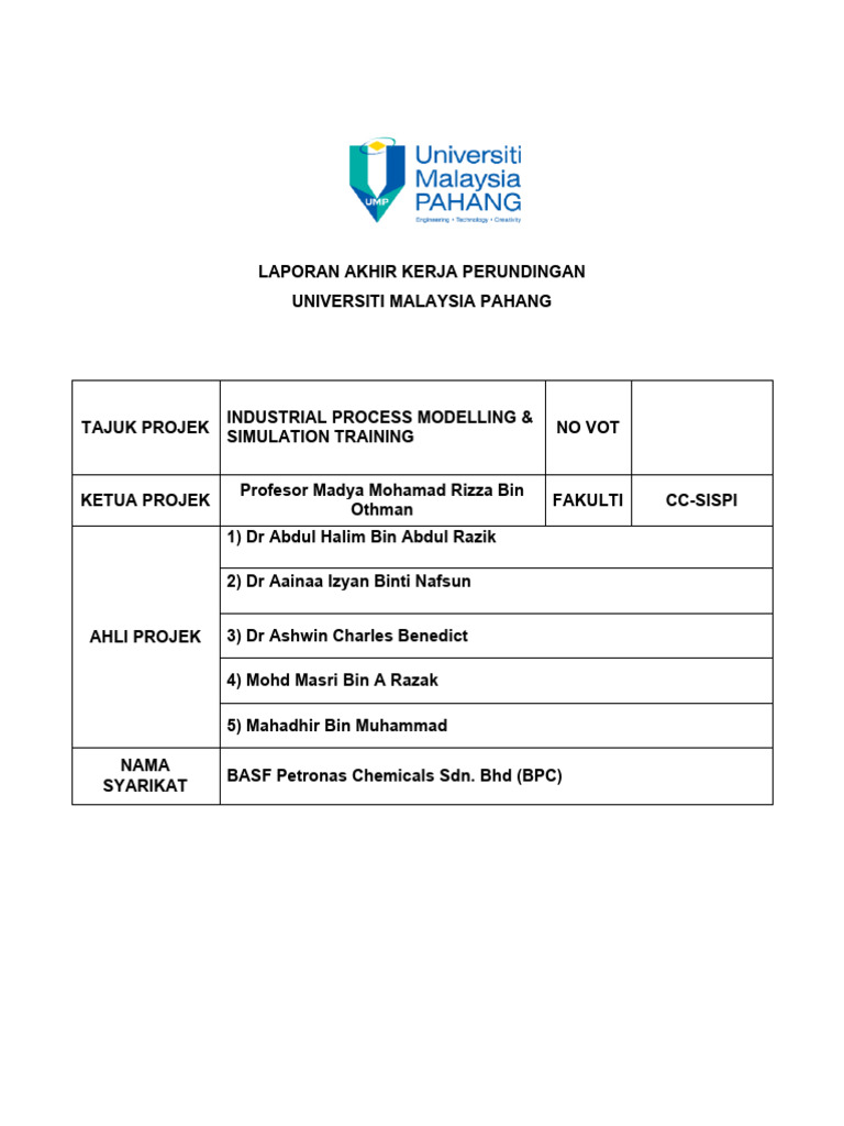 Laporan Projek Perundingan Industrial Process Modelling & Simulation - Cc-Sispi | PDF