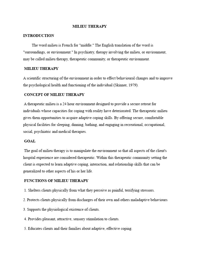 Assingment On Milieu Therapy | PDF | Mental Health | Psychotherapy
