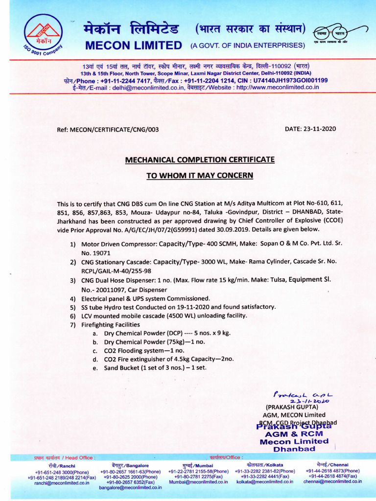 Mechanical Completion Certificate Aditya | PDF | Energy Technology ...