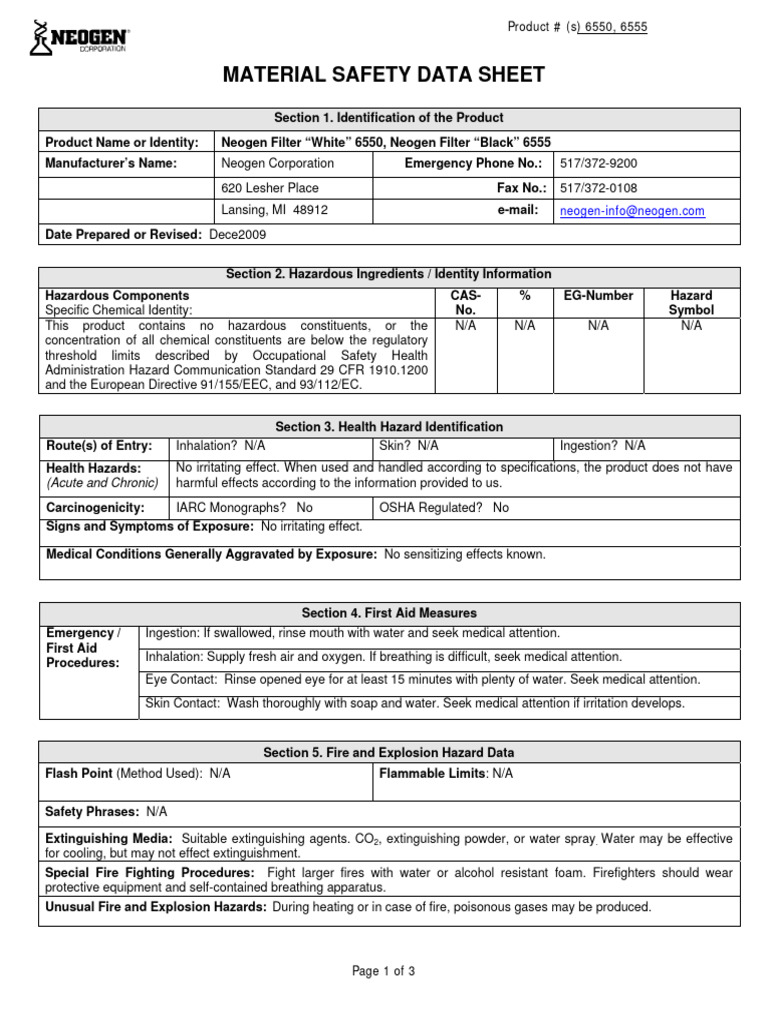 Neogen® Filter SKU No. 6555 - MSDS | PDF | Personal Protective Equipment | Fires