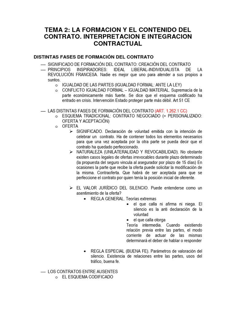 Tema 2. La Formacion y El Contenido Del Contrato. La Interpretacion e Integracion Contractual ...