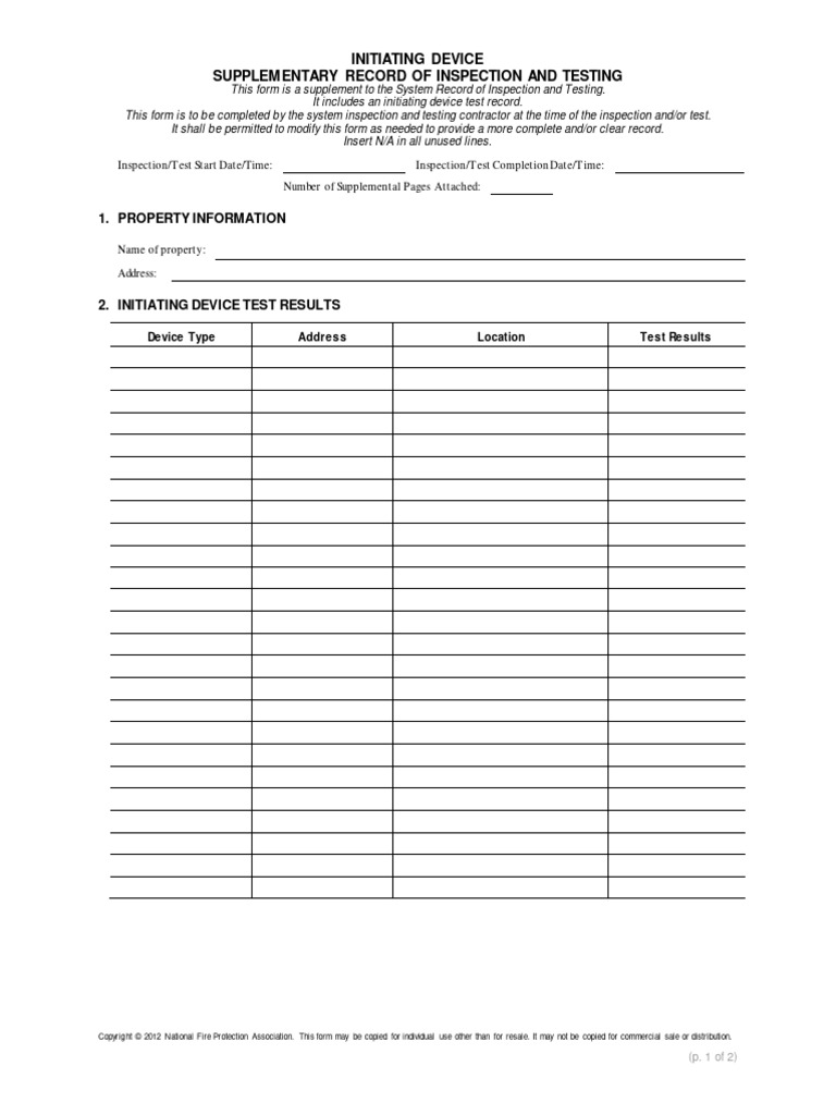 2013 nfpa 72 test and inpection initiating device supplementary form | PDF 2013 nfpa 72 test and inpection initiating device supplementary form | PDF
