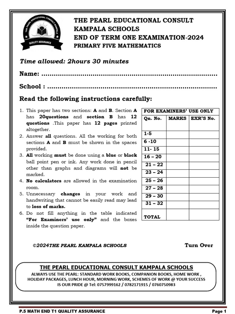 The Pearl P.5 Eot I MTC 2024 | PDF | Mathematics | Arithmetic
