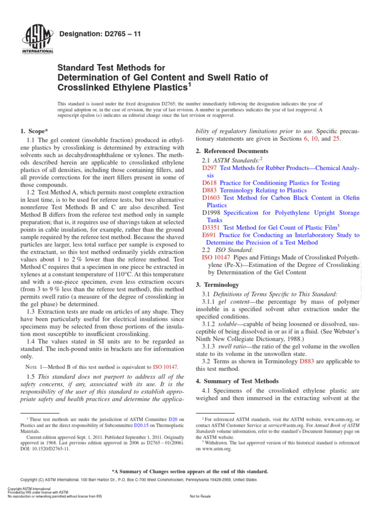 Astm D2765 - 2011 | PDF | Cross Link | Gel