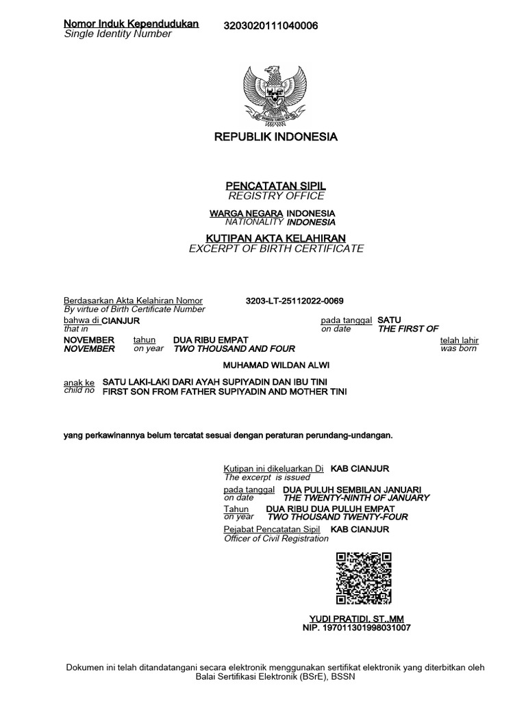 Kutipan Akta Kelahiran Muhamad Wildan | PDF