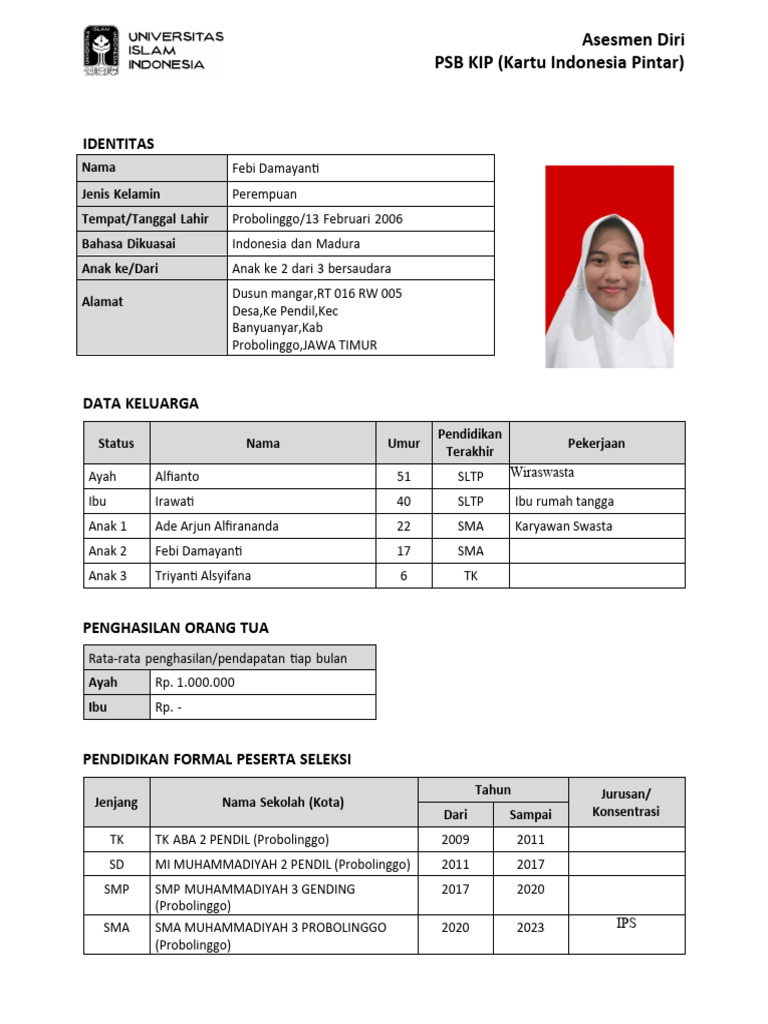 Contoh Isian - Asesmen Diri PSB Beasiswa KIP (1) | PDF