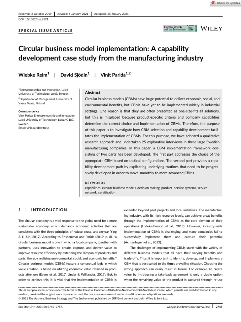 Bus Strat Env - 2021 - Reim - Circular Business Model Implementation A ...