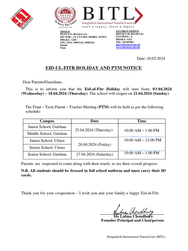 Eid-Ul-Fitr, Summer Vacation and Final-Term Report Card Notice 2023 ...