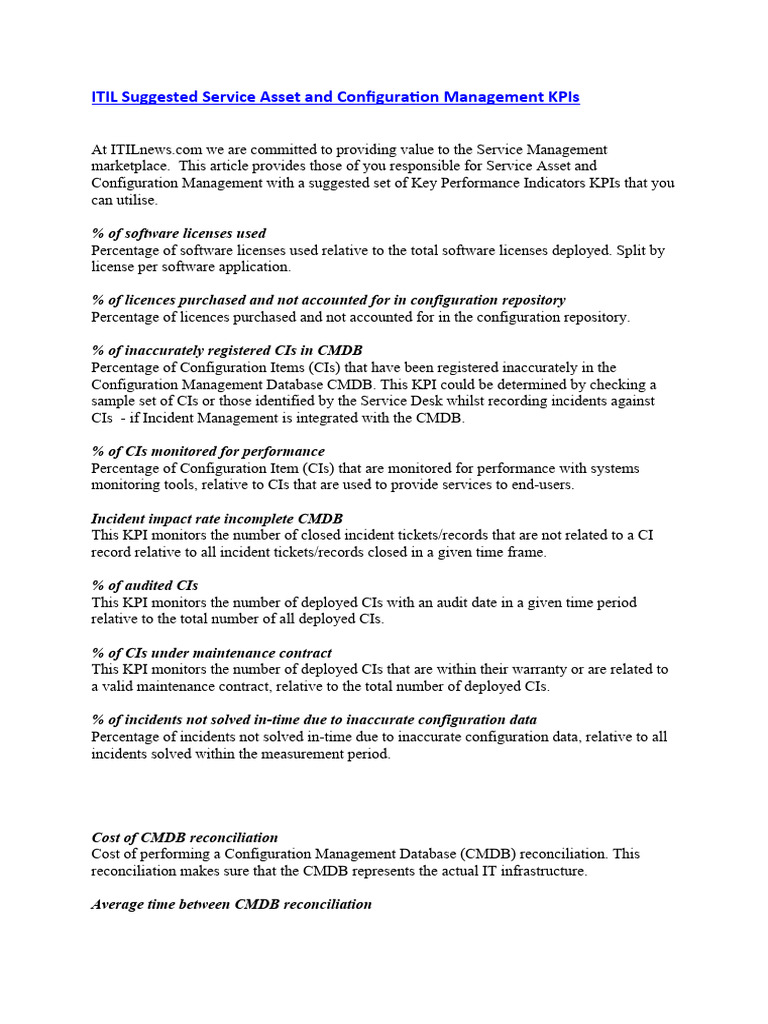 ITIL Suggested Service Asset and Configuration Management KPIs | PDF ... ITIL Suggested Service Asset and Configuration Management KPIs | PDF ...