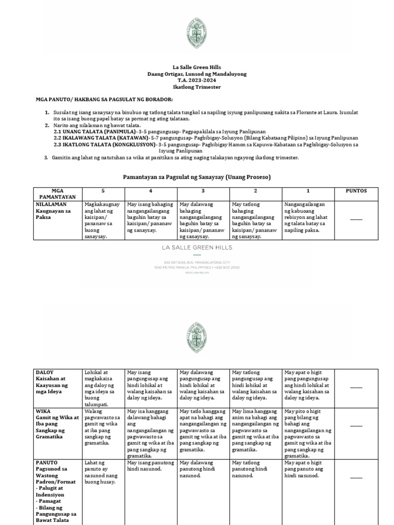 Pamantayan Sa Pagsulat NG Sanaysay (Unang Proseso) | PDF