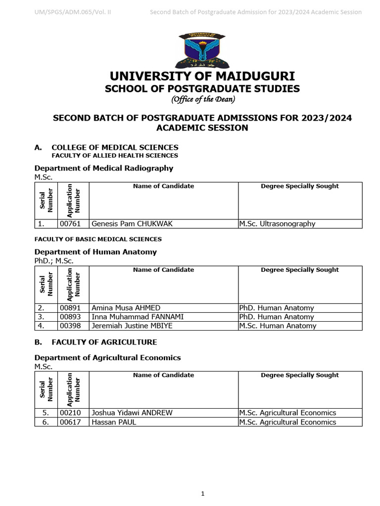 SPGS - Unimaid Second Batch Admission | PDF