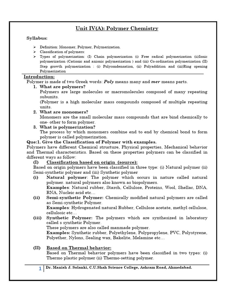 Polymer chemistry | PDF | Polymerization | Polymers