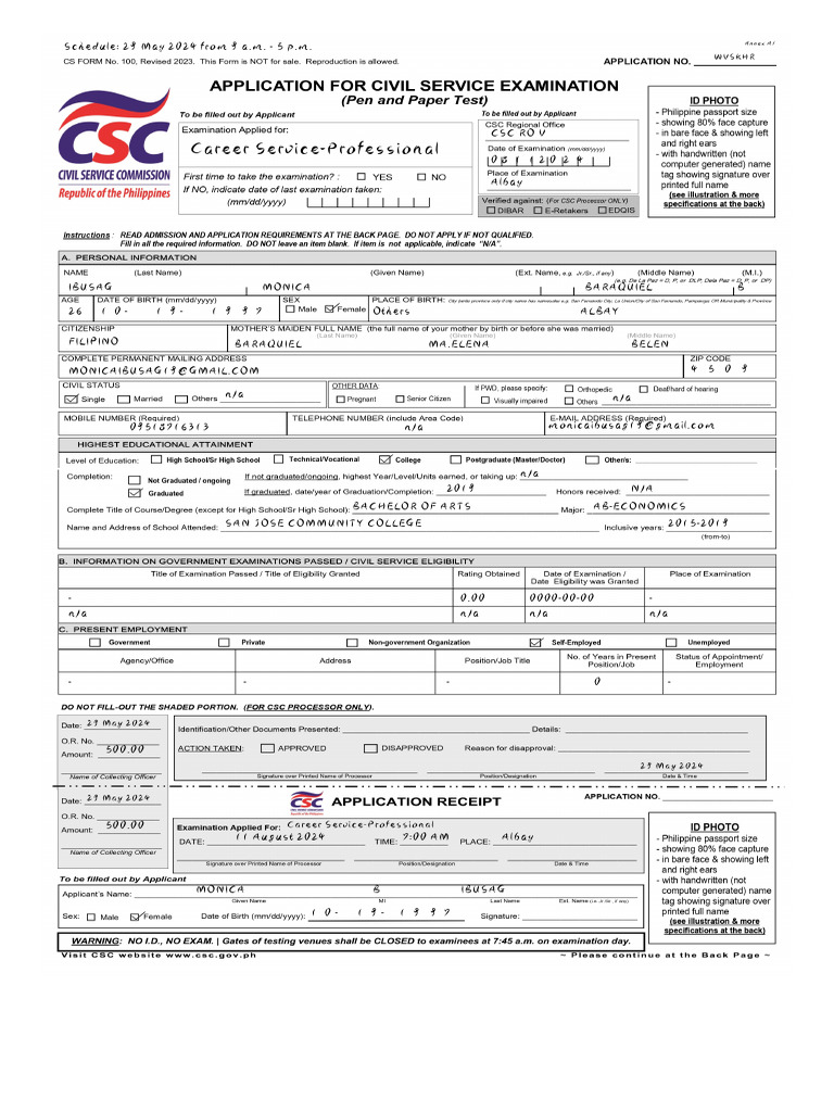 CSC RO5 Online Exam Application Form OK | PDF