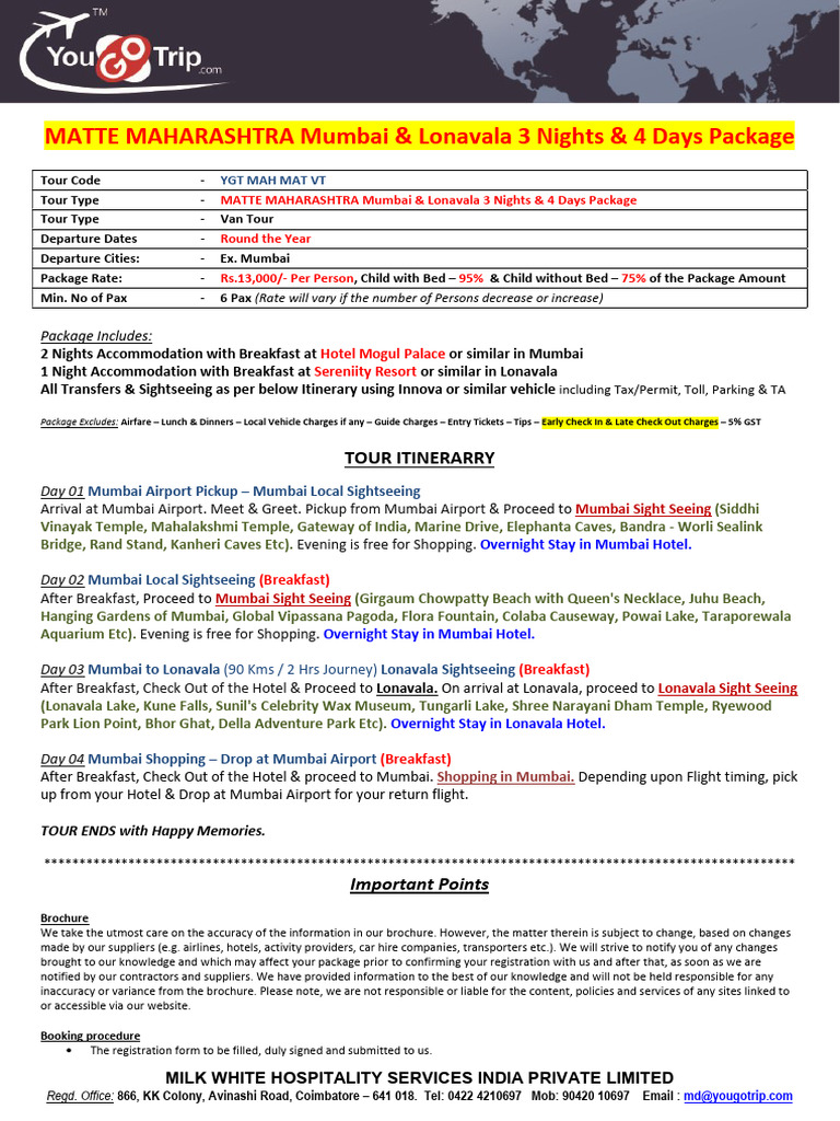 YGT MAH MAT VT - MATTE MAHARASHTRA Mumbai & Lonavala 3 Nights & 4 Days Package | PDF | Cheque ...