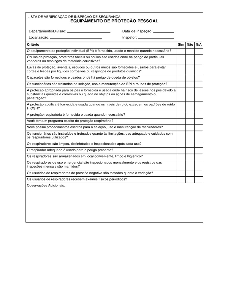 Checklist de Inspeção de EPI e Segurança | PDF