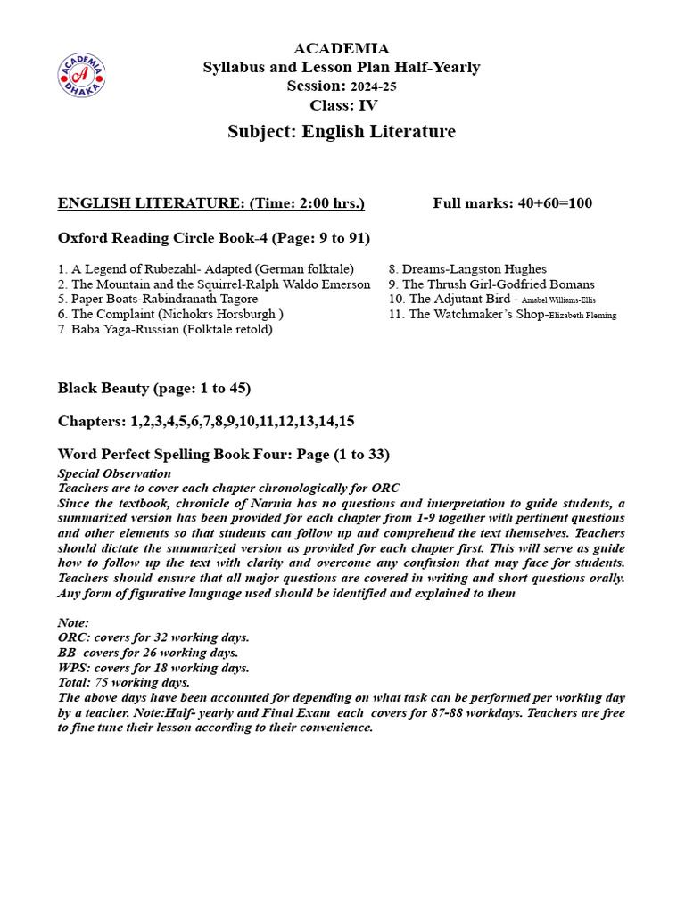 Class - IV, English Literature-Syllabus and Lesson Plan | PDF | Black ...