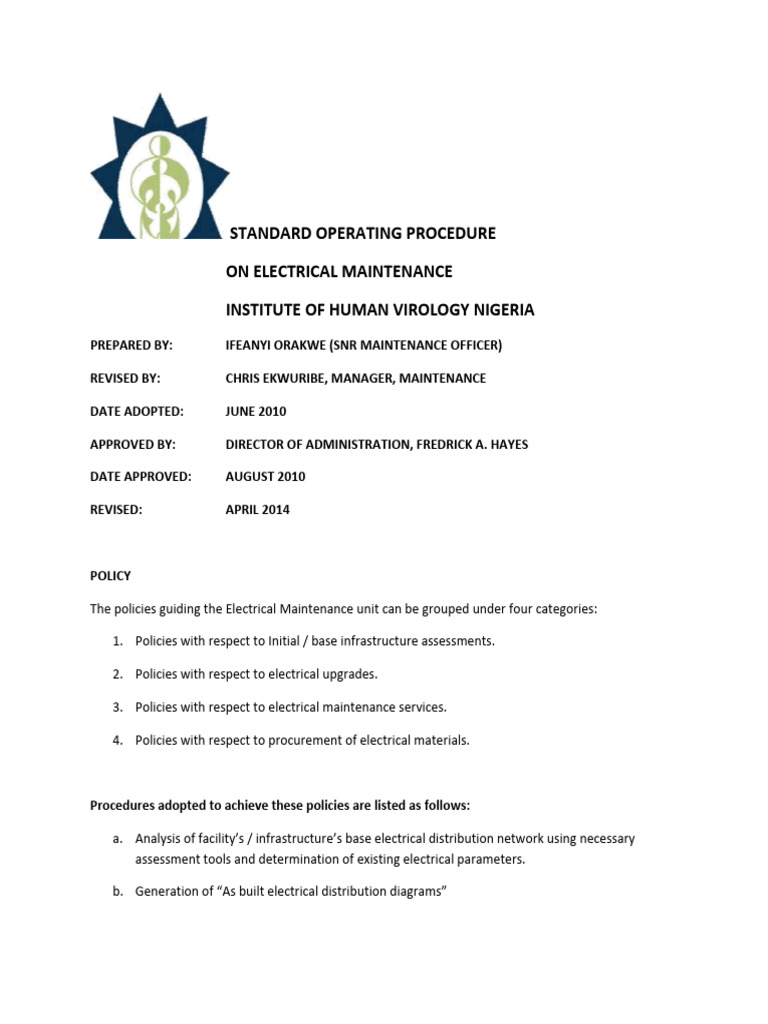 Electrical Maintenance SOP Guide | PDF | Infrastructure