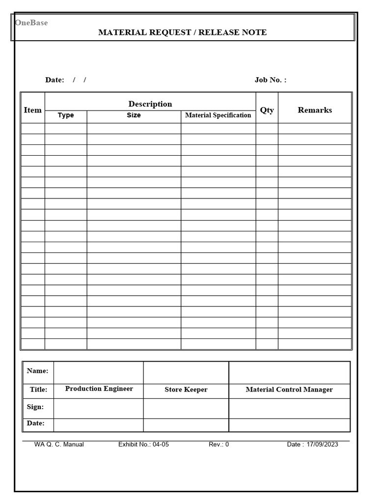 Material Request Release Note Template | PDF | Technology & Engineering