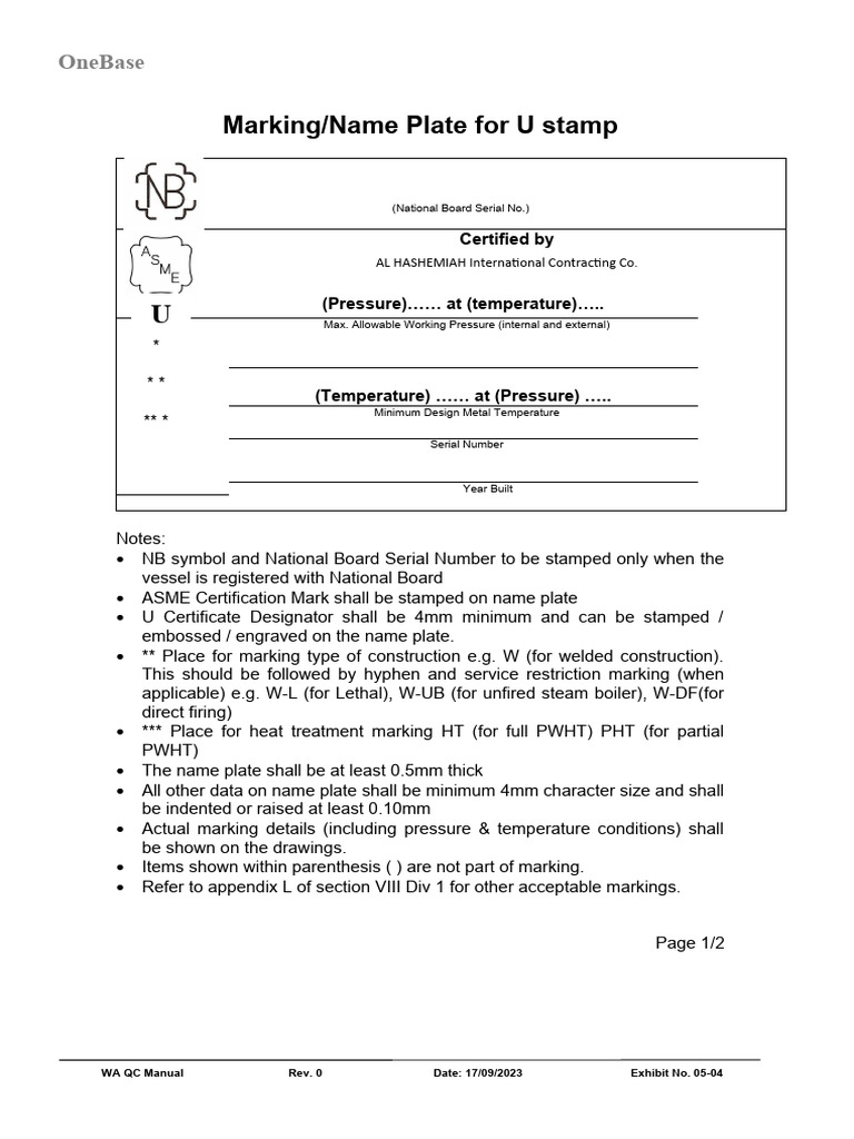ASME U Stamp Nameplate Requirements | PDF | Boiler