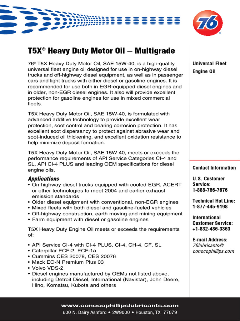 76 T5X Heavy Duty Multigrade | PDF | Motor Oil | Vehicle Technology