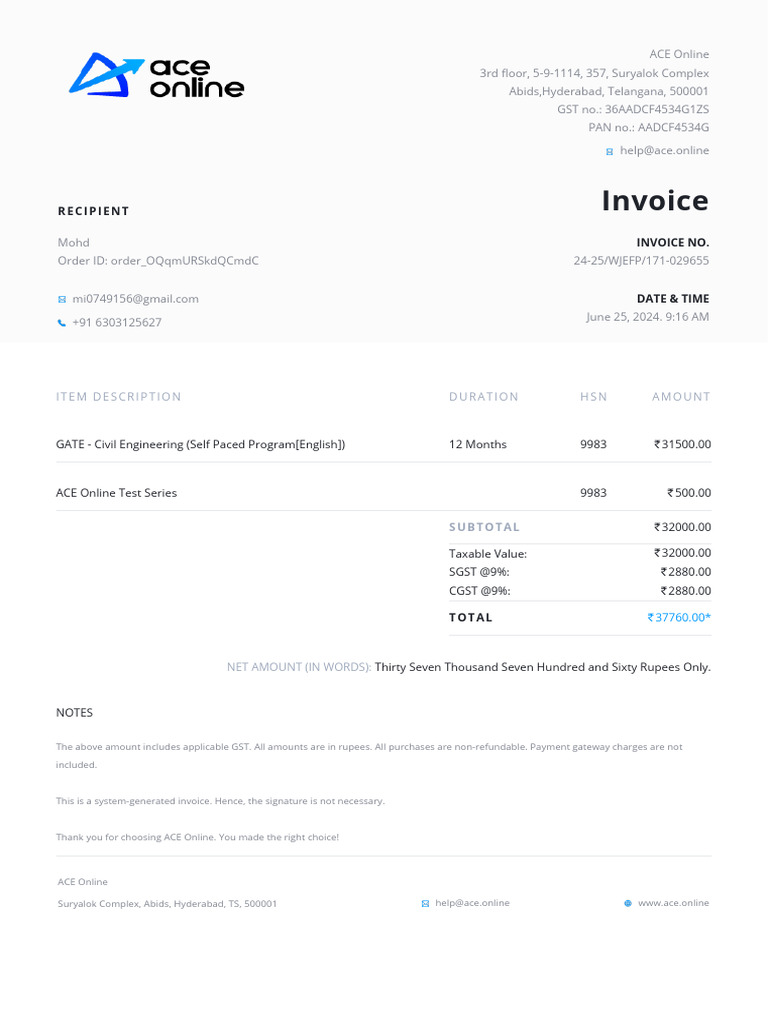 Invoice for ACE Online Course | PDF | Payments | Taxes