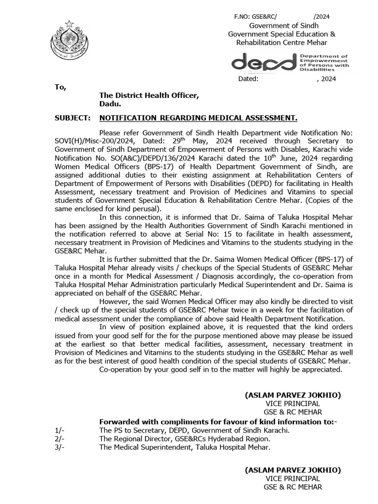 Notification Regarding Medical Assessment GSRE&RCMehar-1 | PDF | Social ...
