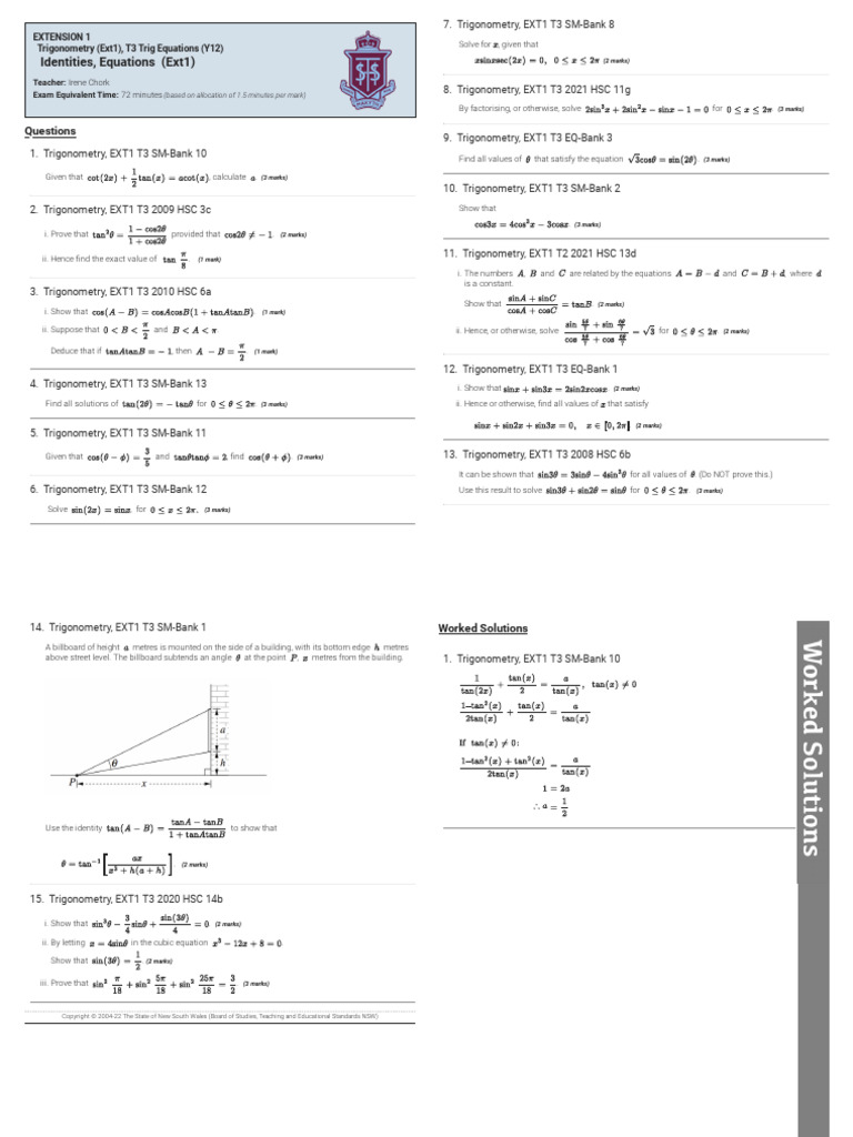 Ext 1 Trig Identities and Equations | PDF | Equations | Trigonometry
