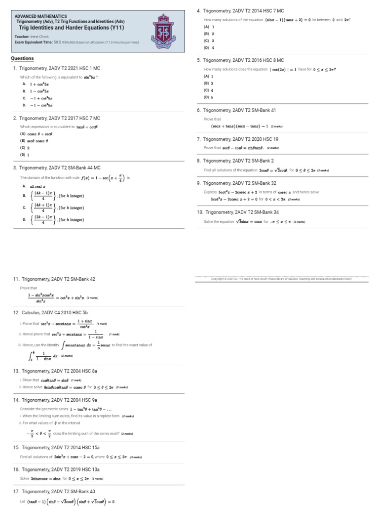 Adv Trig Identities And Equations Pdf Equations Trigonometry