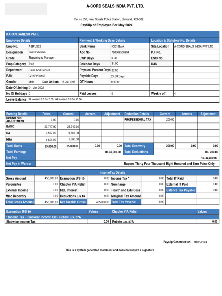 Salary Slip May 24 | PDF | Taxes | Income Tax