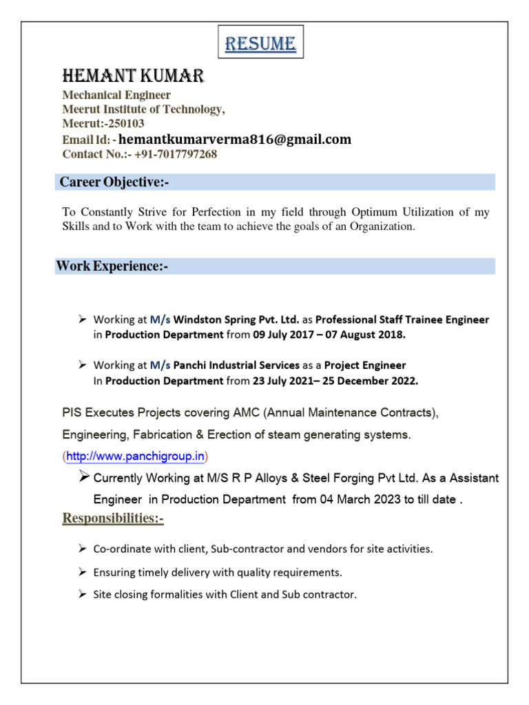 Hemant Kumar: Resume | PDF | Mechanical Engineering | Engineering