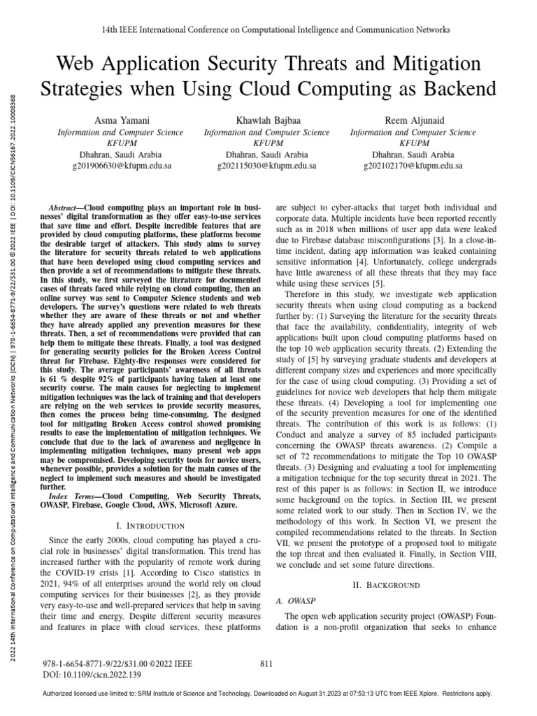 Web Application Security Threats and Mitigation Strategies When Using Cloud Computing As Backend ...