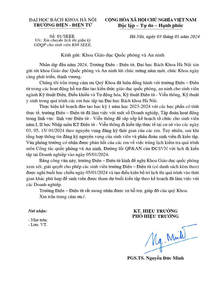 CV Dieu Chinh Lich Ktra Giua Ky GDQP | PDF