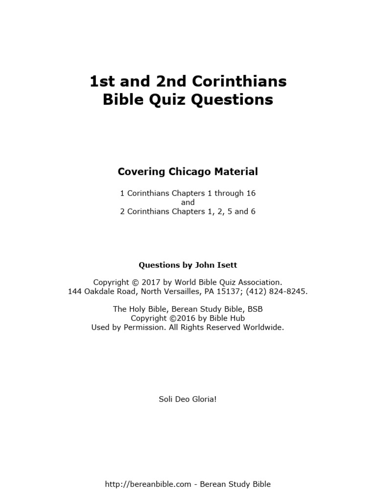 Corinthians Bible Quiz Questions | PDF | First Epistle To The ...