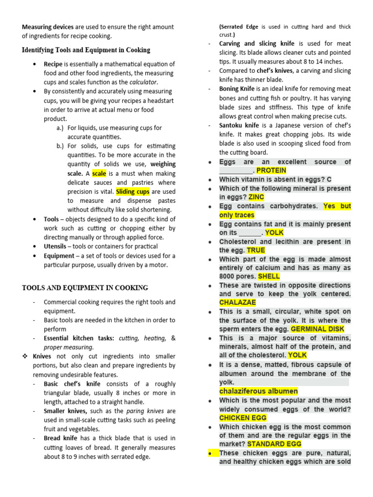 TLE reviewer 4th | PDF | Knife | Yolk