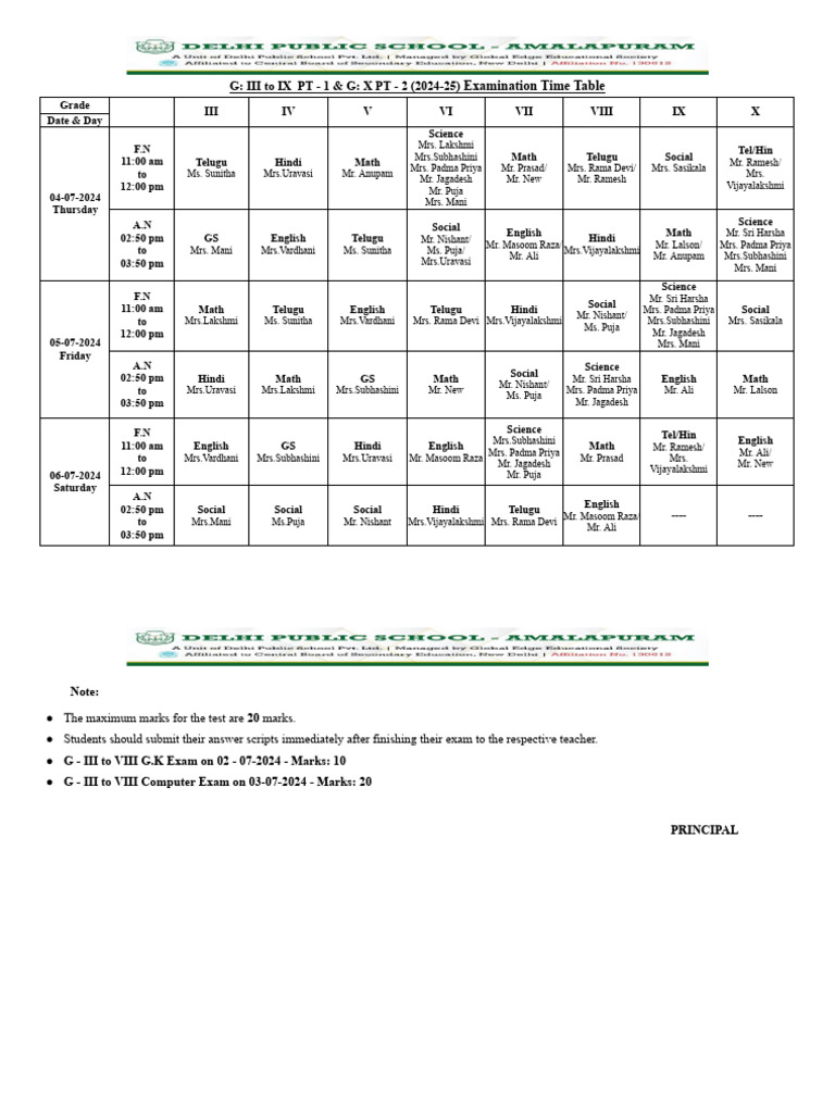 2024-25 Grade III-X Exam Schedule | PDF
