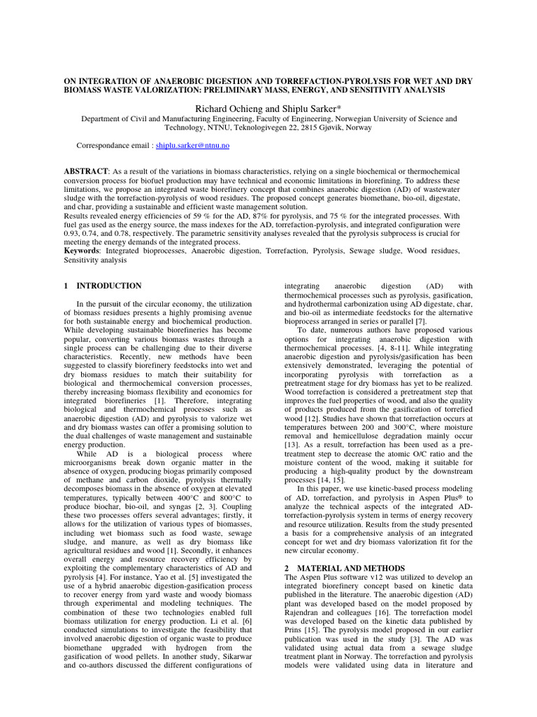 On Integration of Anaerobic Digestion and Torrefaction-Pyrolysis For Wet and Dry Biomass Waste ...