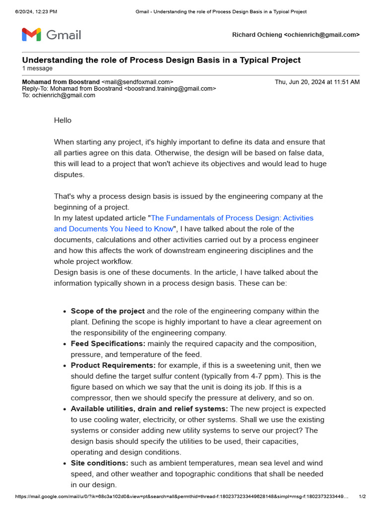 Gmail - Understanding The Role of Process Design Basis in A Typical Project | PDF | Art ...