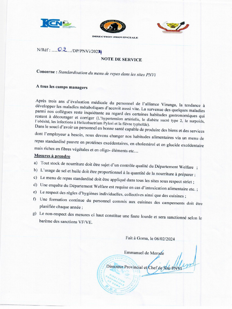 Note de Service Relative à La Standardisation Du Menu Des Repas Dans ...
