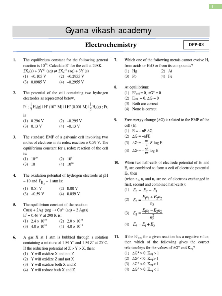 64cb32b16b8ecf0018d706a0 ## Electrochemistry DPP 03 of Lec 05 Yakeen | PDF | Electrochemistry ...