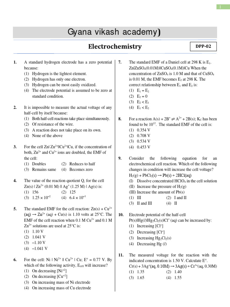 64c9c46f5c5ca500182712b4 ## Electrochemistry DPP 02 of Lec 03 Yakeen | PDF | Electrochemistry ...
