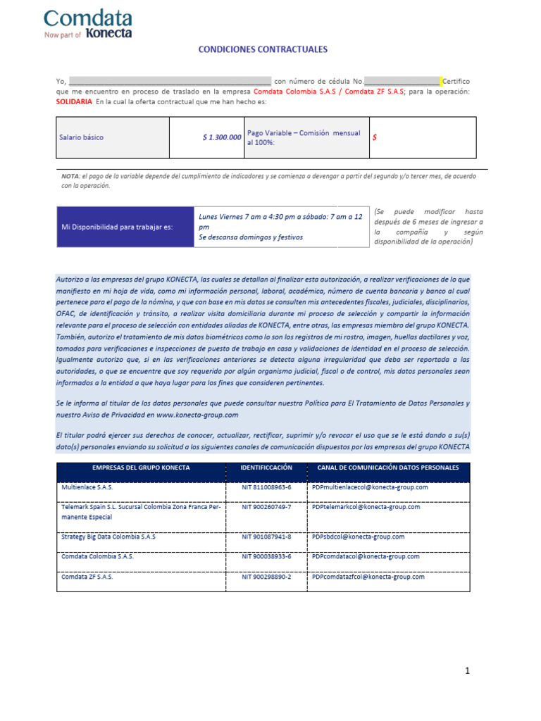 Condiciones Contractuales Comdata Colombia | PDF