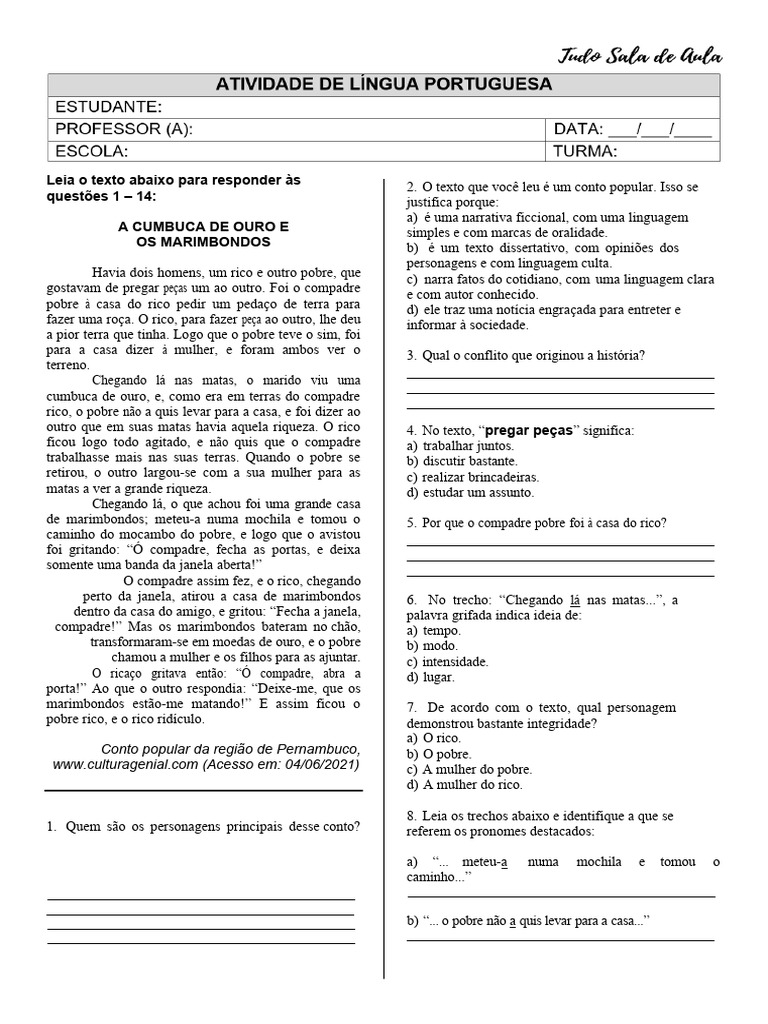 ATIVIDADE - CONTO POPULAR - TUDO SALA DE AULA906 | PDF | Contos