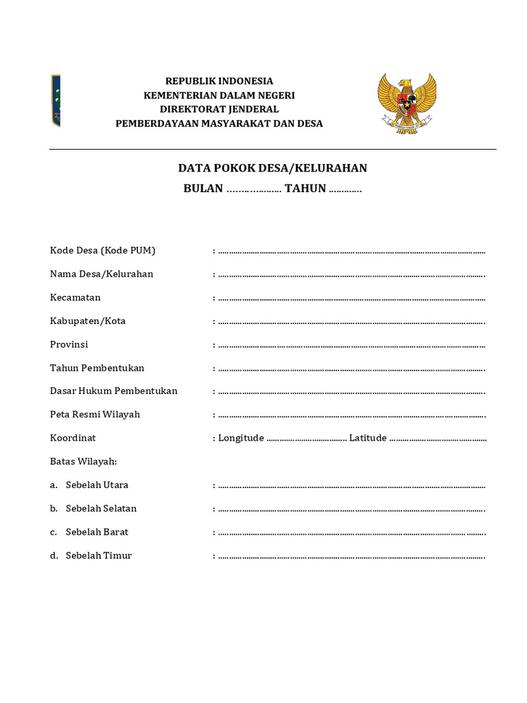 Form Data Pokok Desa-Kel | PDF | Griya & Taman