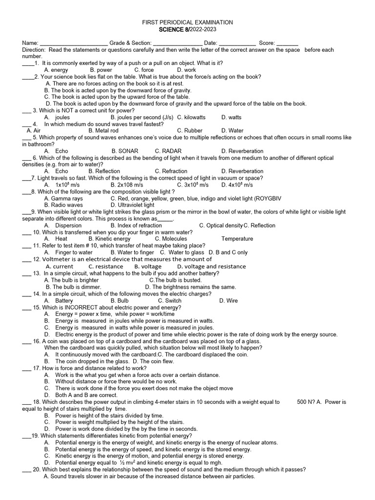 Science 8 Exam 2022-2023 | PDF | Light | Force
