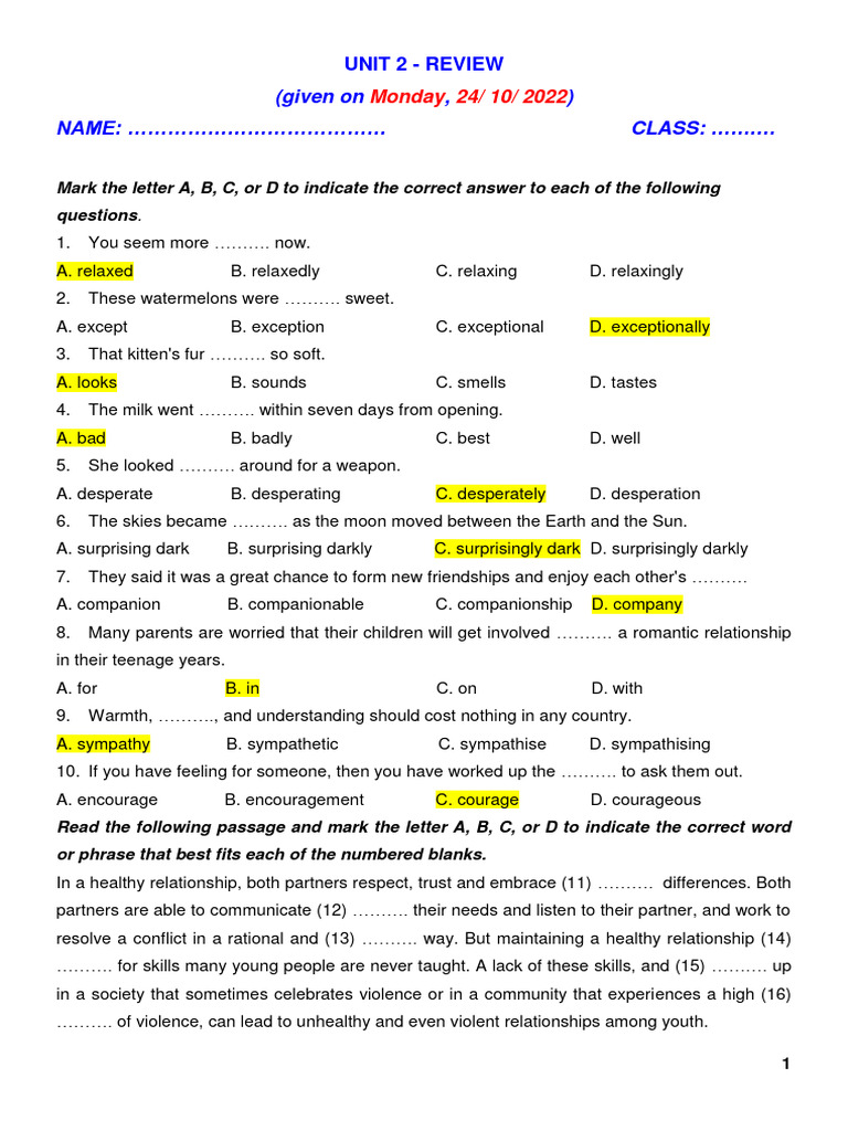 11 - Unit 2 - Review - Key | PDF | Violence | Adolescence