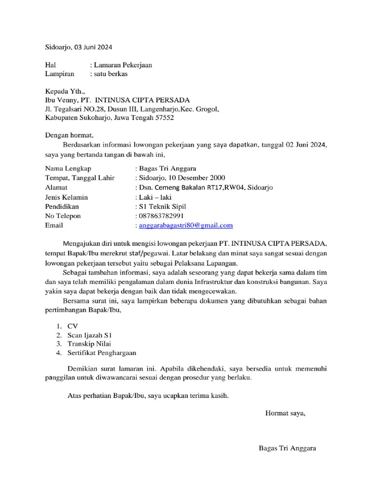 CV - Bagas Tri Anggara - Pelaksana Lapangan PT - INTINUSA CIPTA PERSADA | PDF